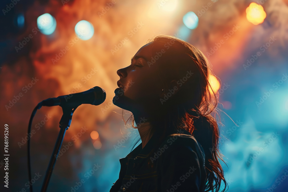 Little girl on stage singing into a microphone Stock Photo | Adobe Stock