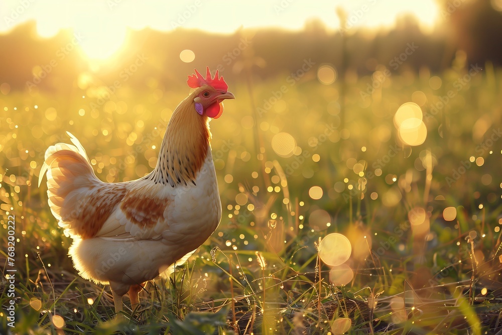 Hen standing in a field during sunset. Ethical poultry farming and free ...
