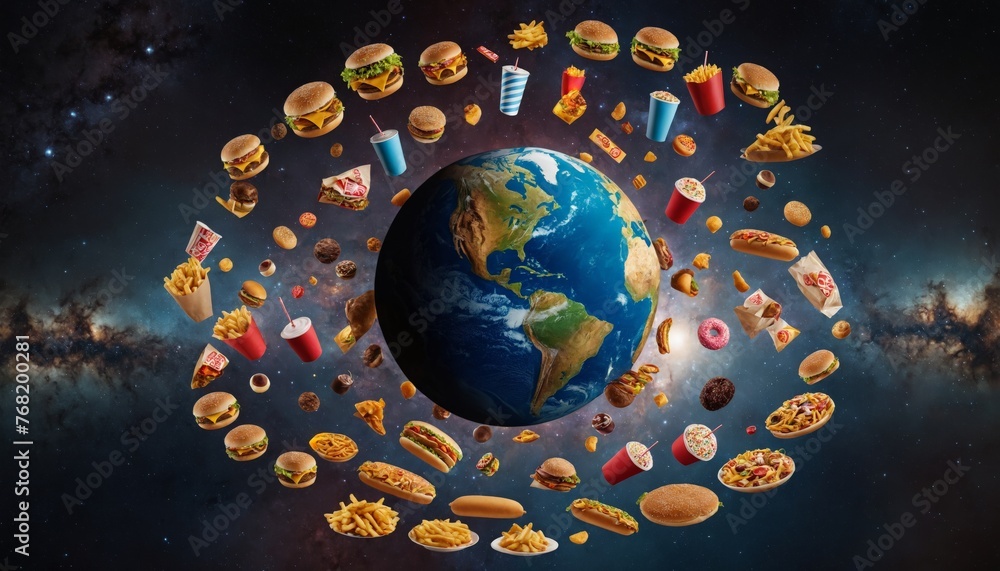 Planet Earth surrounded by junk food and fast food, burgers, soda ...
