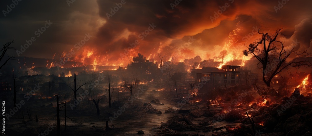 A large fire is burning fiercely in a city, engulfing buildings and ...