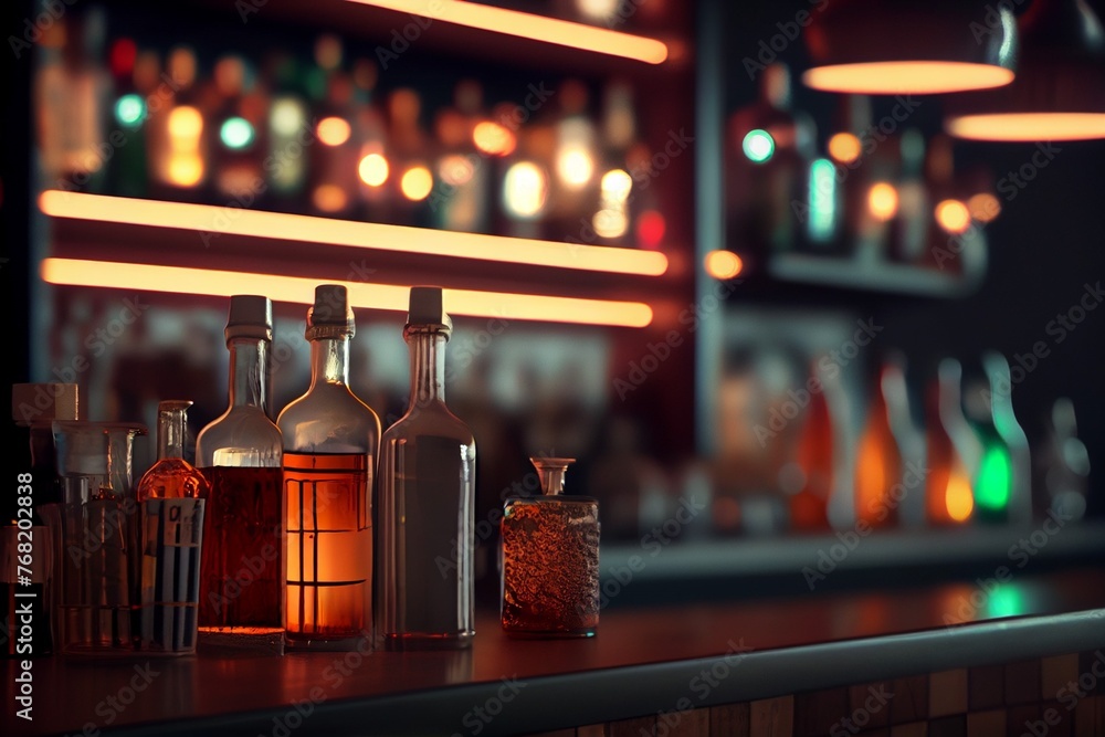 Bar background with a blurry effect on the bottles a neat counter at ...