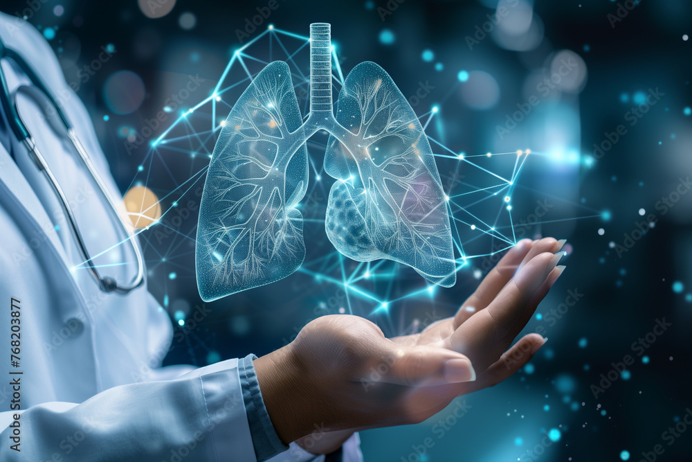 Doctor Displaying Holographic Human Lungs in High-Tech Healthcare ...
