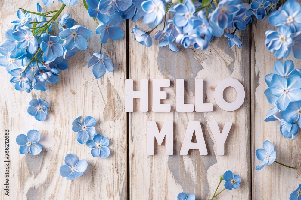 "HELLO MAY" text, spring theme, wooden background with blue flowers ...