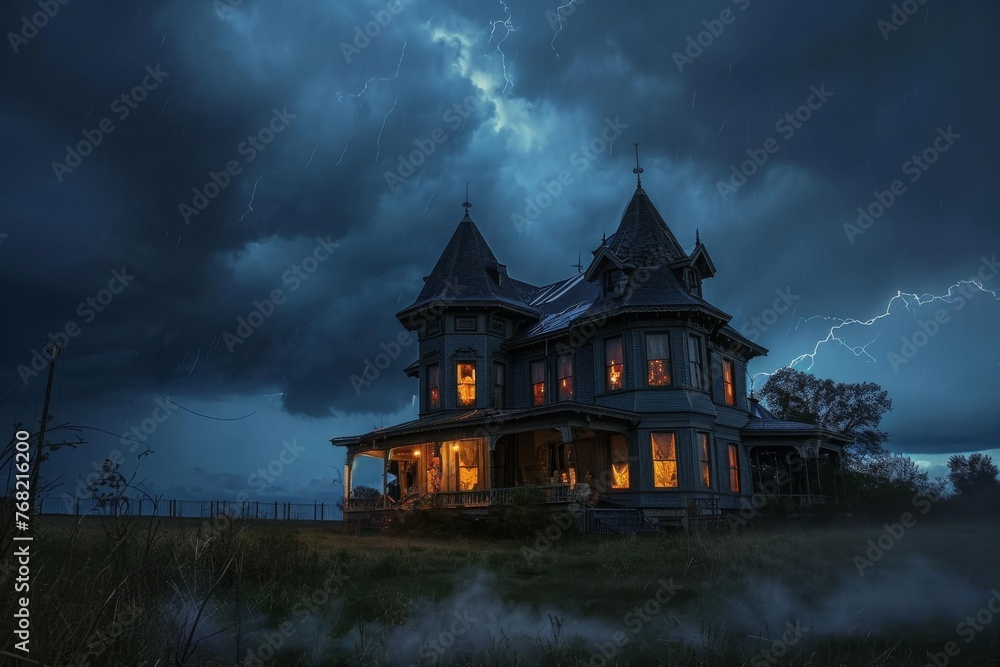 A haunting abandoned house is illuminated by a striking lightning bolt ...