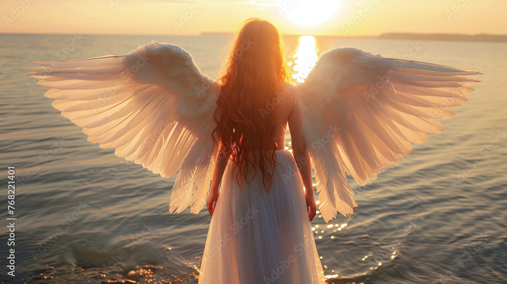 Walking angel by the sea looking into beautiful sunrise. Silhouette ...