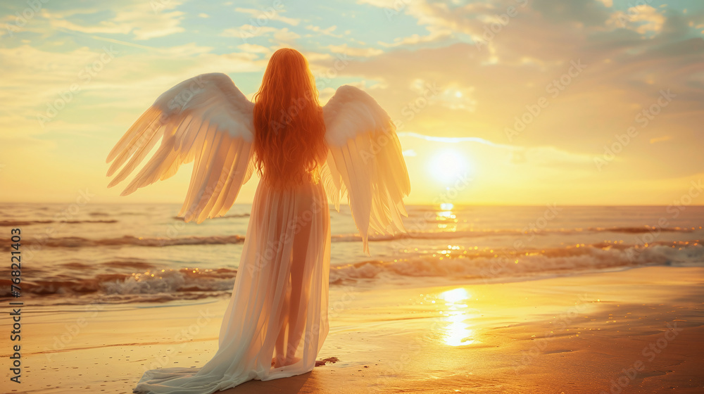 Walking angel by the sea looking into beautiful sunrise. Silhouette ...