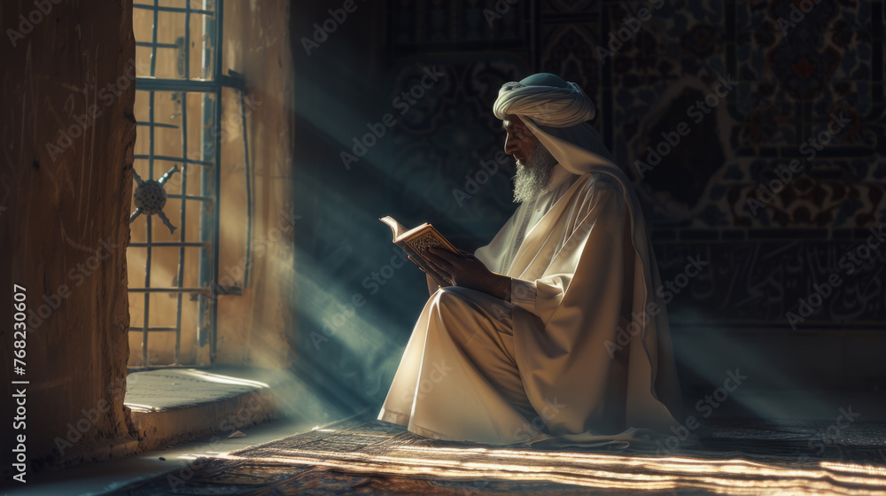 Elderly man reading a holy book in a beam of light. Religious study and ...