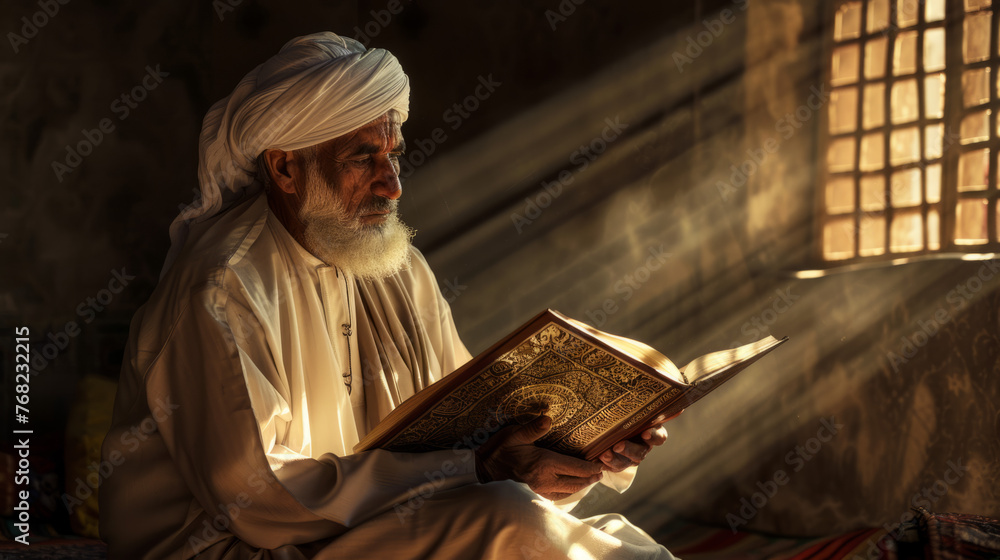 Aged scholar reading holy scriptures in a beam of light, a timeless ...