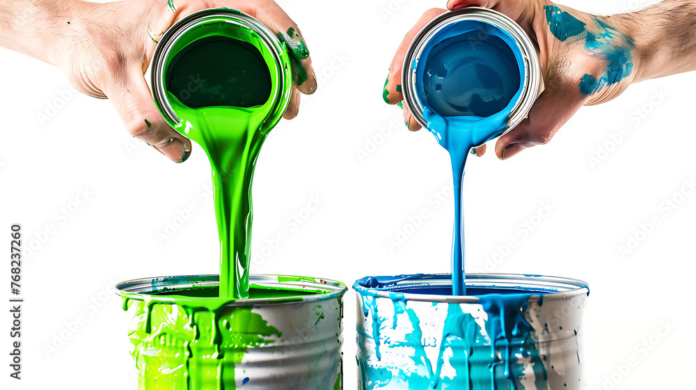 This image depicts two separate scenes of hands pouring paint into cans ...