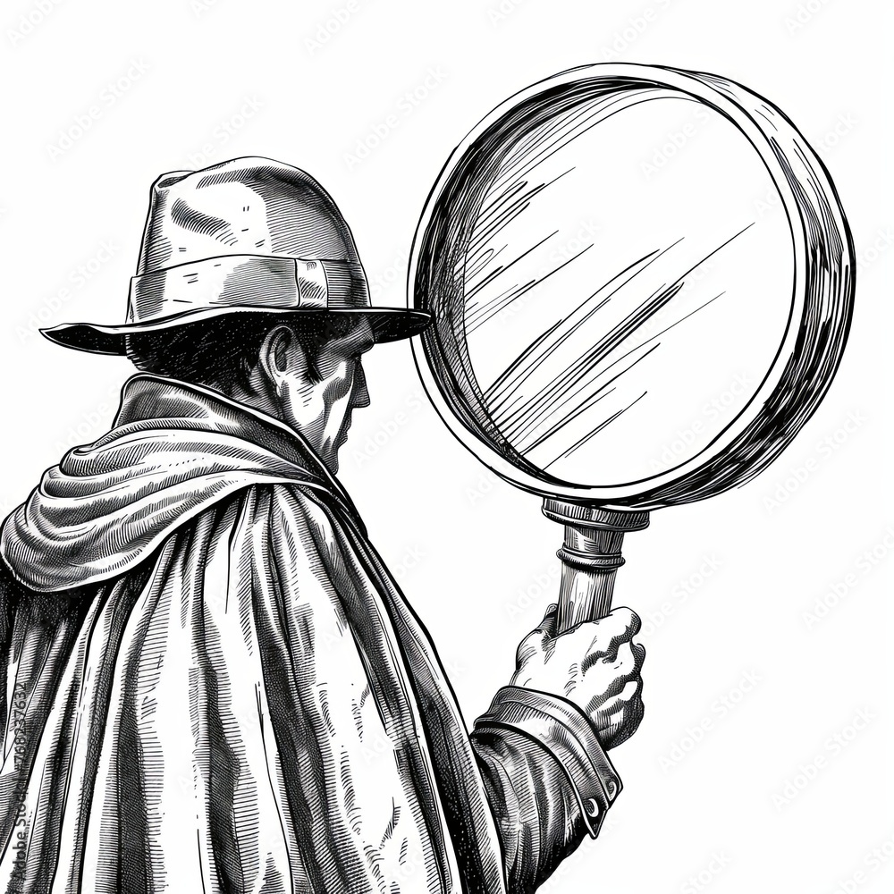 Male detective or spy with hat and magnifying glass in hand ...
