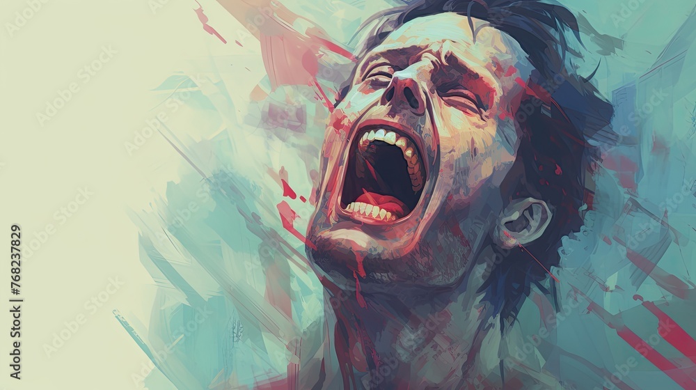 A colorful drawing of a suffering man. Distorted facial expressions of ...