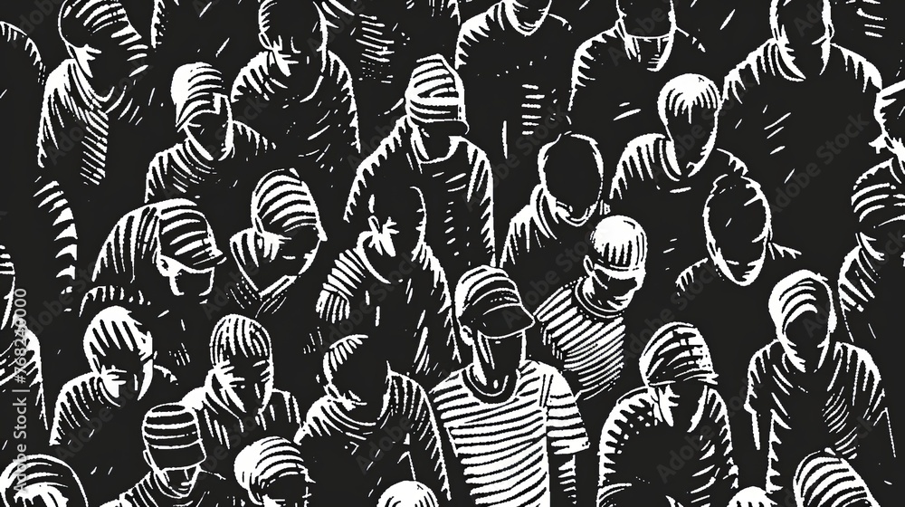 The black and white drawing shows a crowd of people and we see many of ...