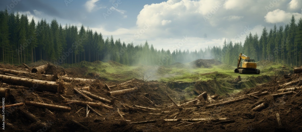 The painting depicts a bulldozer aggressively moving through a dense ...