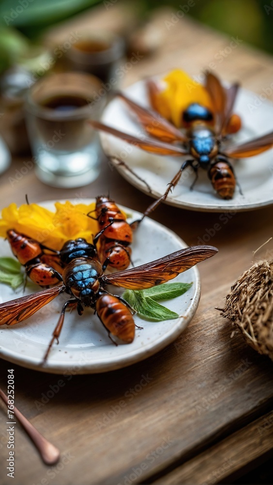 Insects, beetles and larvae as food on served plates. Concept Hunger ...
