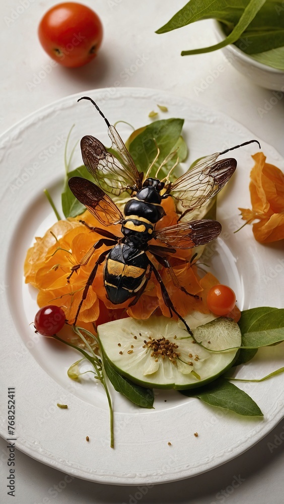 Insects, beetles and larvae as food on served plates. Concept Hunger ...