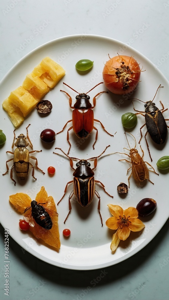 Insects, beetles and larvae as food on served plates. Concept Hunger ...