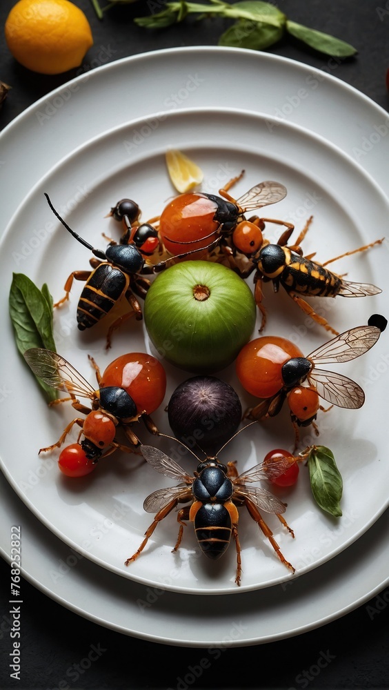 Insects, beetles and larvae as food on served plates. Concept Hunger ...
