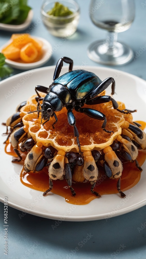 Insects, beetles and larvae as food on served plates. Concept Hunger ...