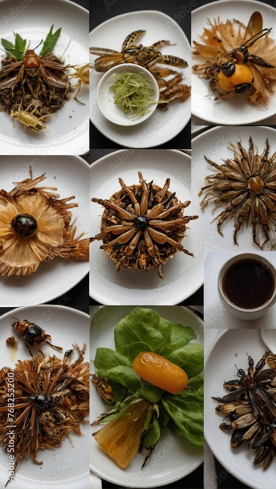 Insects, beetles and larvae as food on served plates. Concept Hunger ...