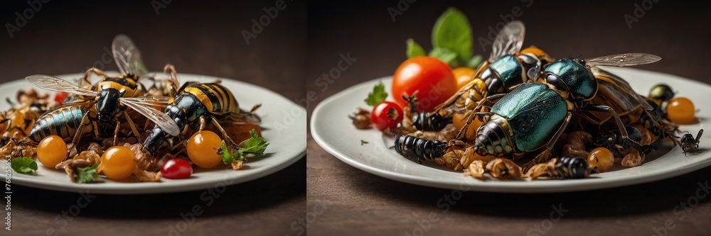 Insects, beetles and larvae as food on served plates. Concept Hunger ...