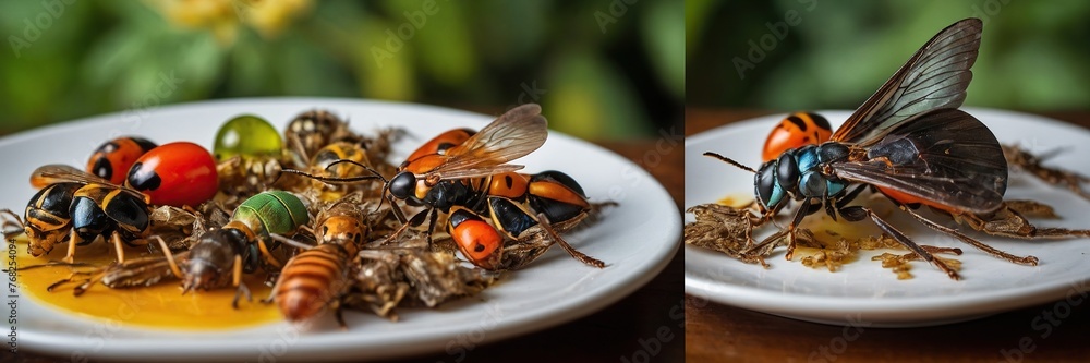 Insects, beetles and larvae as food on served plates. Concept Hunger ...