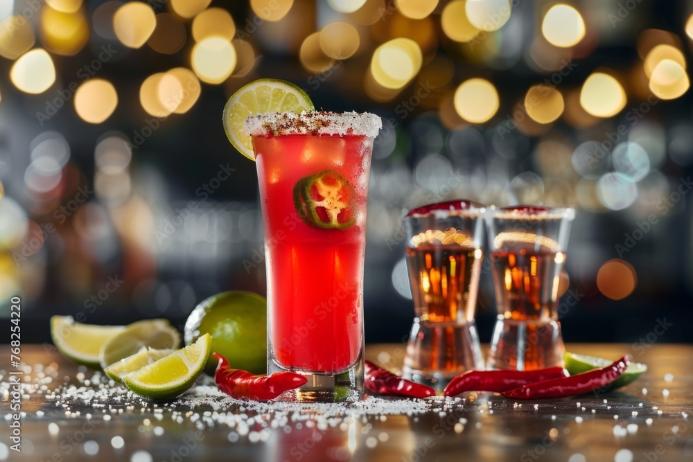 A longshot of a red margarita in a tall glass with salt on the rim, and ...