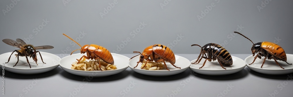 Insects, beetles and larvae as food on served plates. Concept Hunger ...