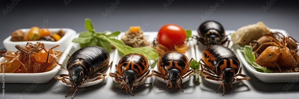 Insects, beetles and larvae as food on served plates. Concept Hunger ...