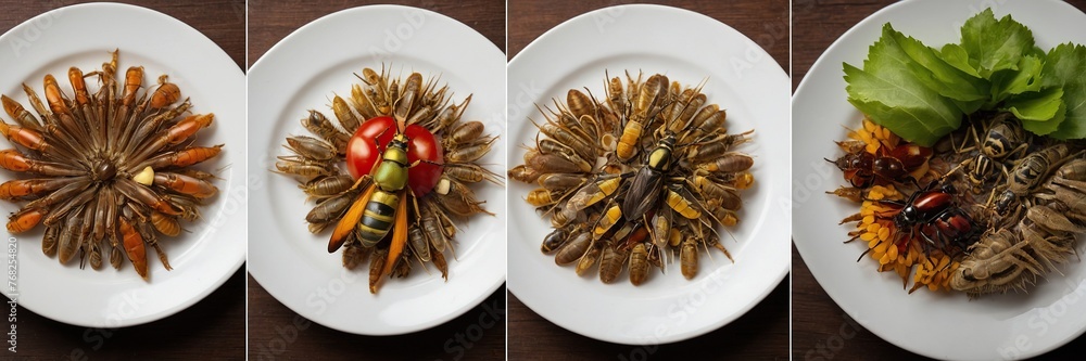 Insects, beetles and larvae as food on served plates. Concept Hunger ...