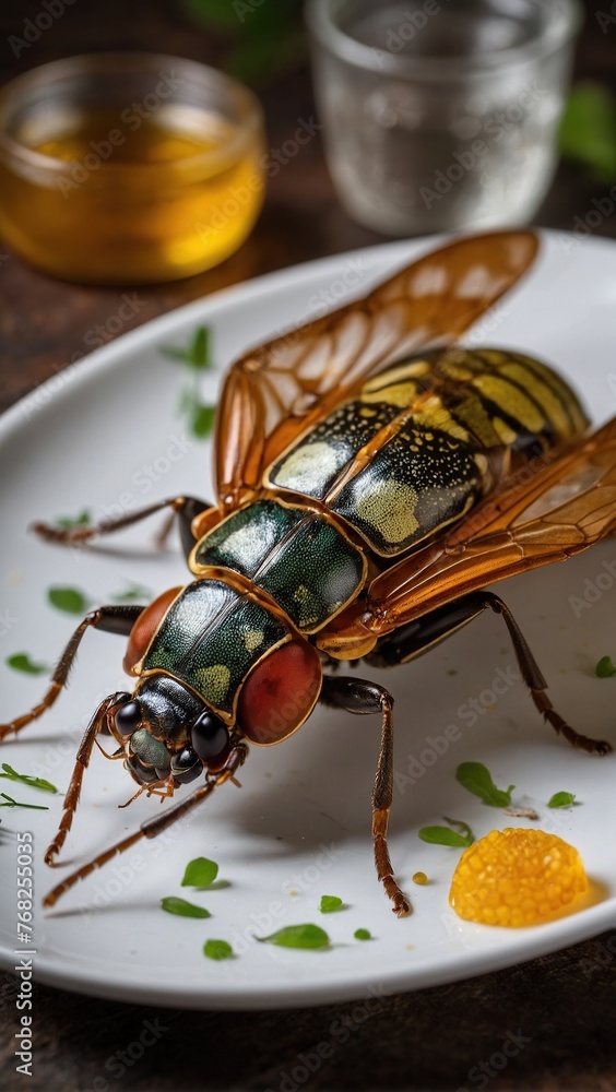 Insects, beetles and larvae as food on served plates. Concept Hunger ...