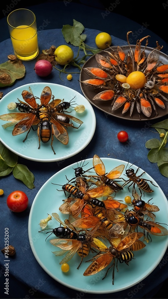 Insects, beetles and larvae as food on served plates. Concept Hunger ...