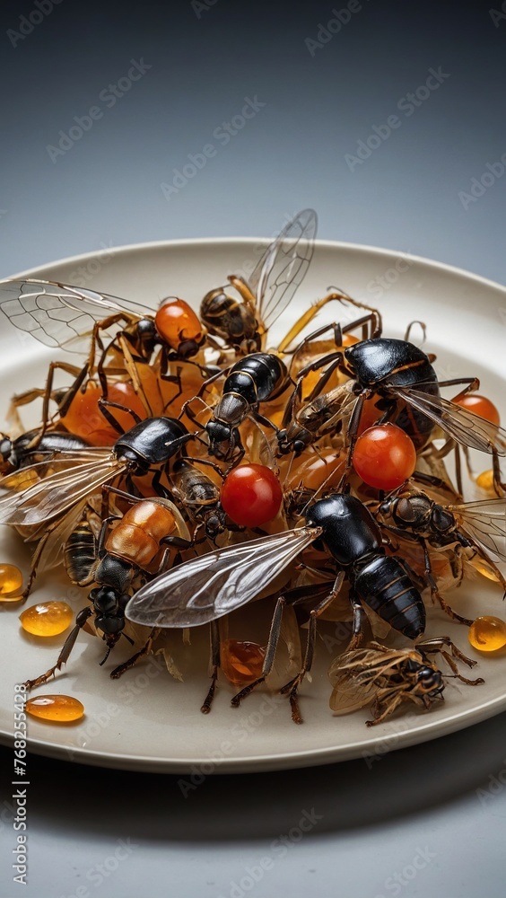 Insects, beetles and larvae as food on served plates. Concept Hunger ...