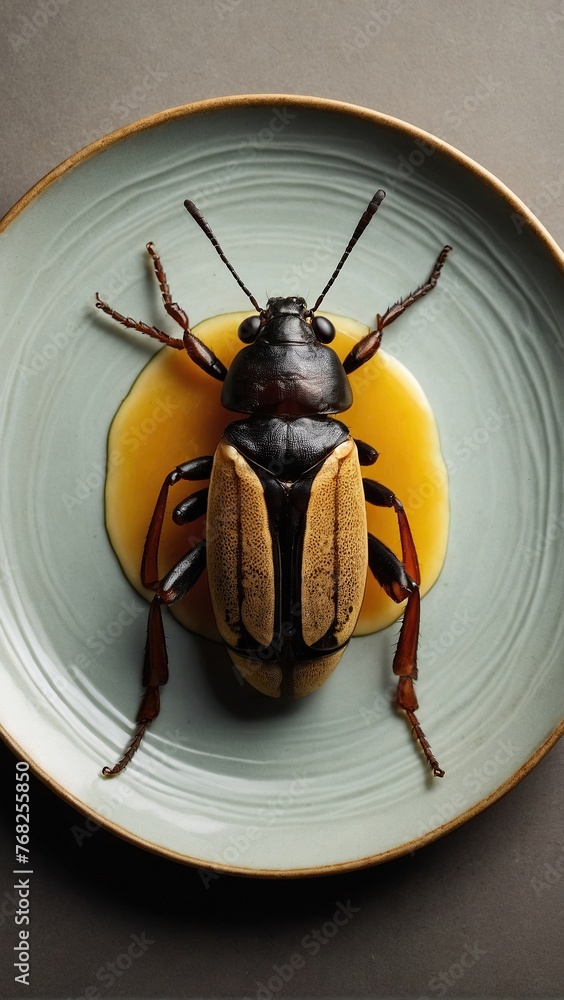 Insects, beetles and larvae as food on served plates. Concept Hunger ...