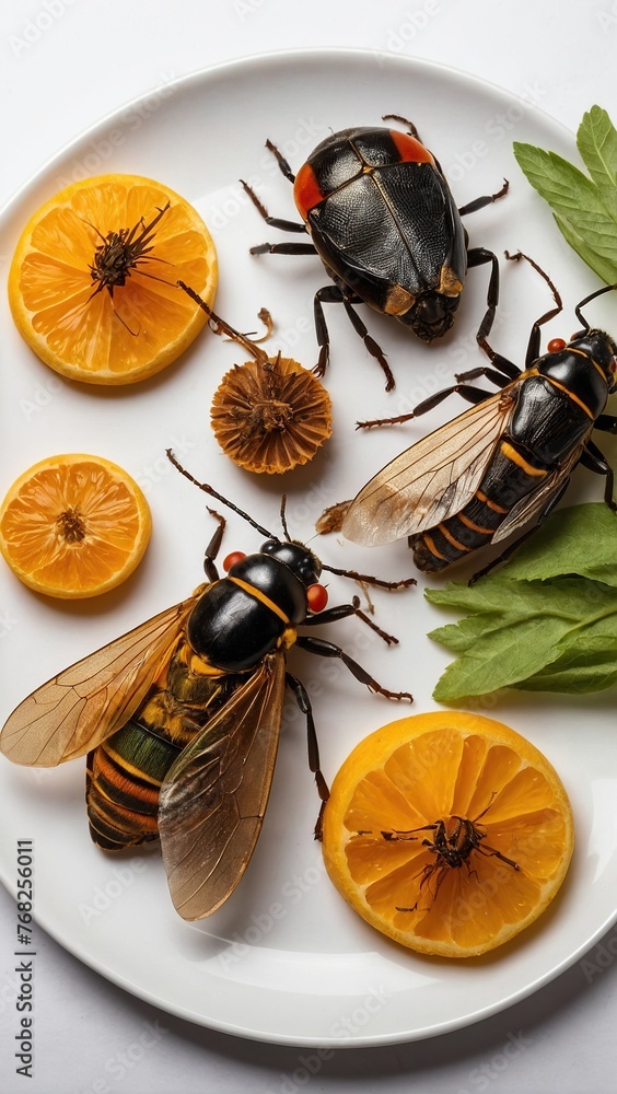 Insects, beetles and larvae as food on served plates. Concept Hunger ...