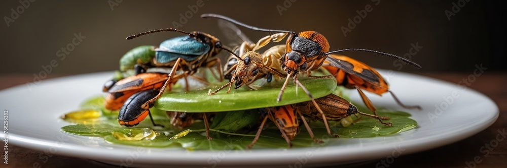 Insects, beetles and larvae as food on served plates. Concept Hunger ...