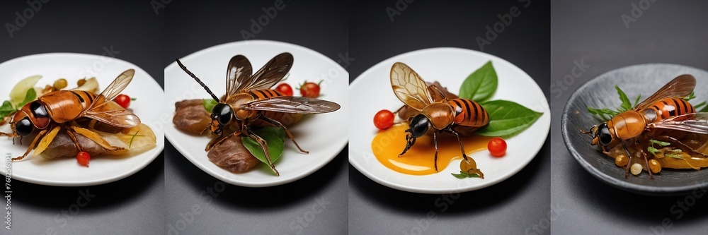 Insects, beetles and larvae as food on served plates. Concept Hunger ...