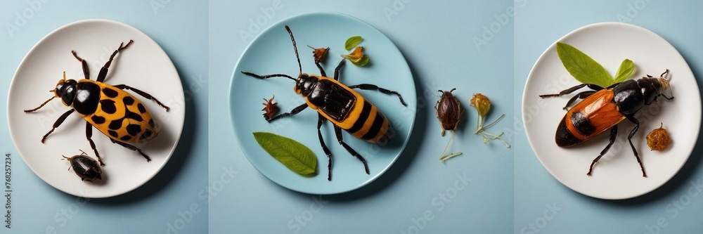 Insects, beetles and larvae as food on served plates. Concept Hunger ...