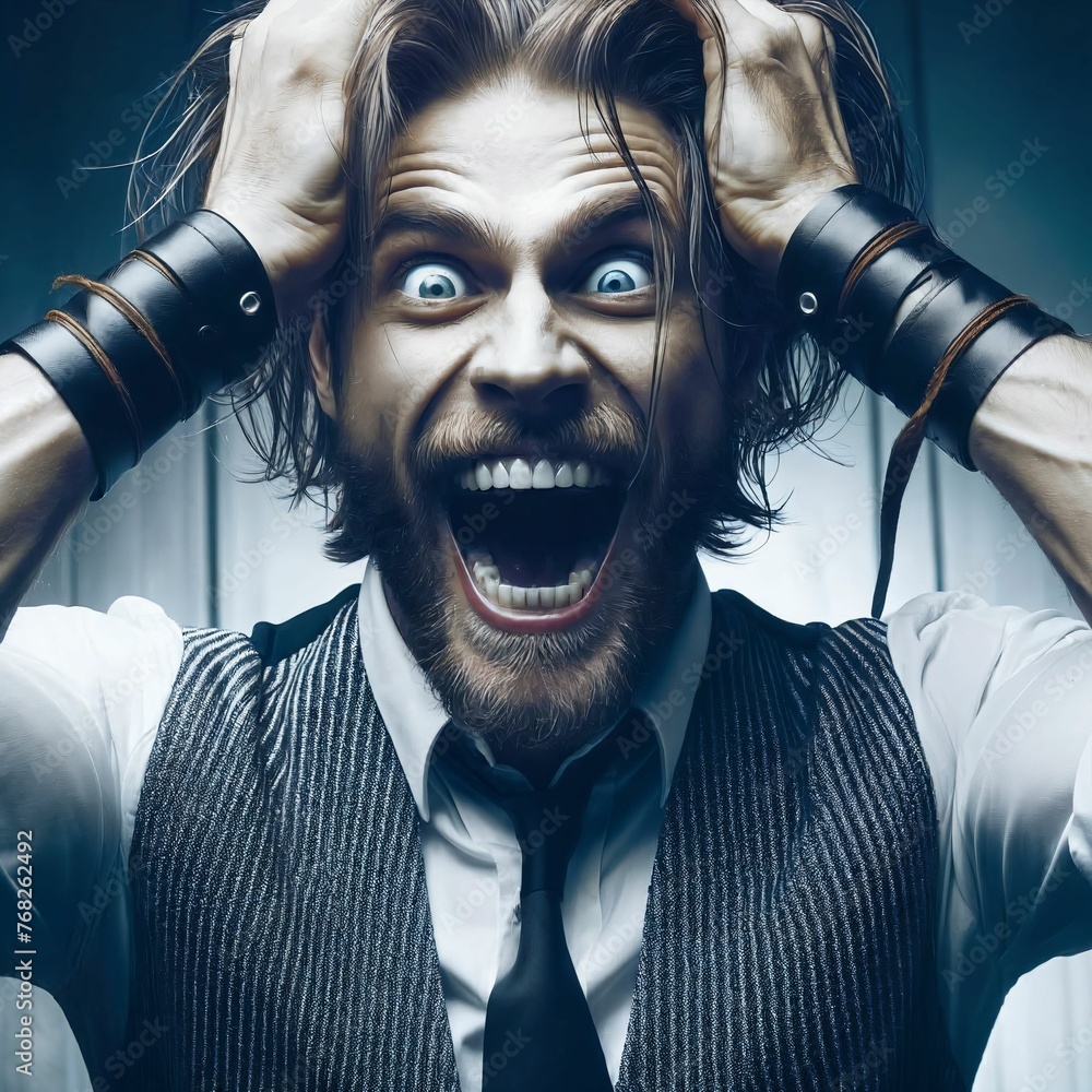 Businessman is going crazy in close-up. Going insane. Mental illness or ...