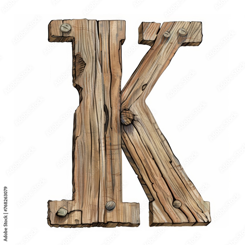 A rustic wooden letter K on a white background, made from a single ...