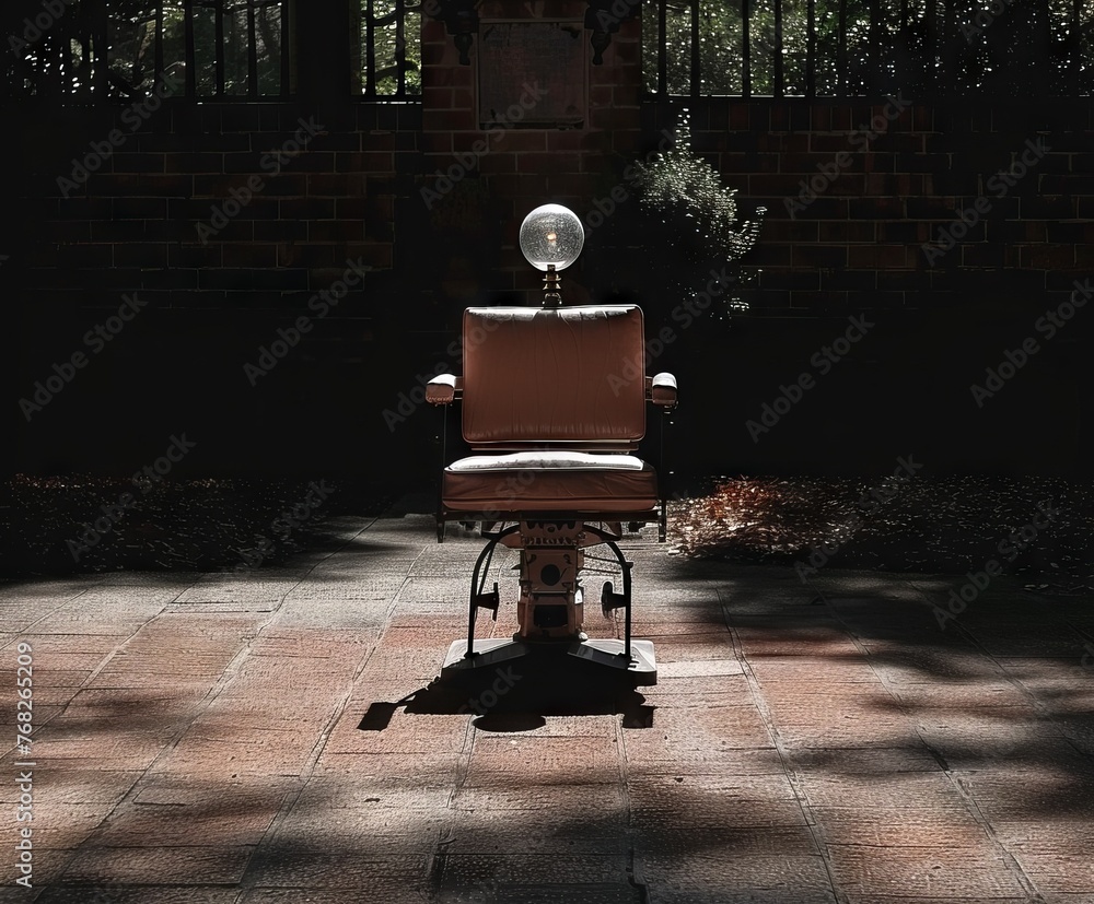 Illustration of an electric chair in an abandoned room, engulfed in ...