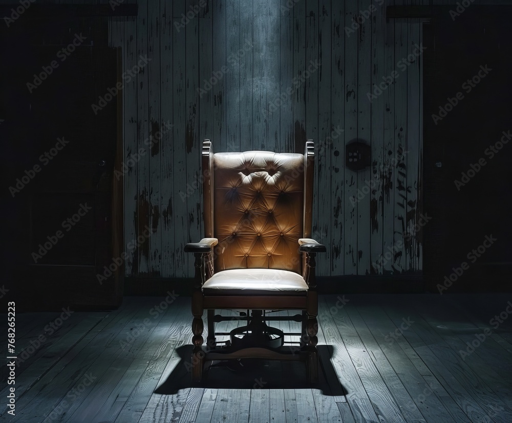 Illustration of an electric chair in an abandoned room, engulfed in ...