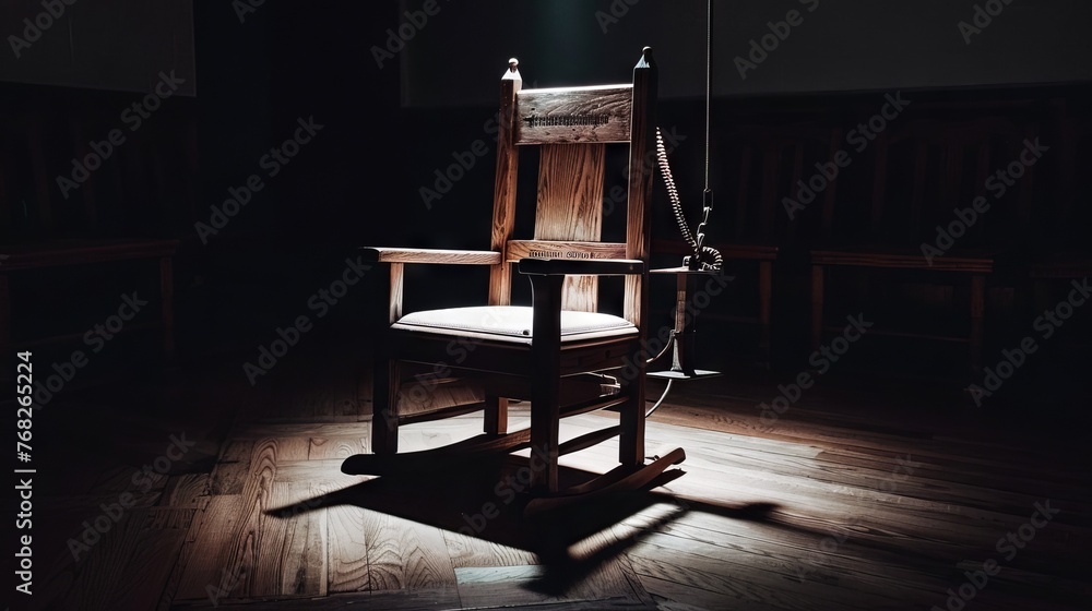 Illustration of an electric chair in an abandoned room, engulfed in ...
