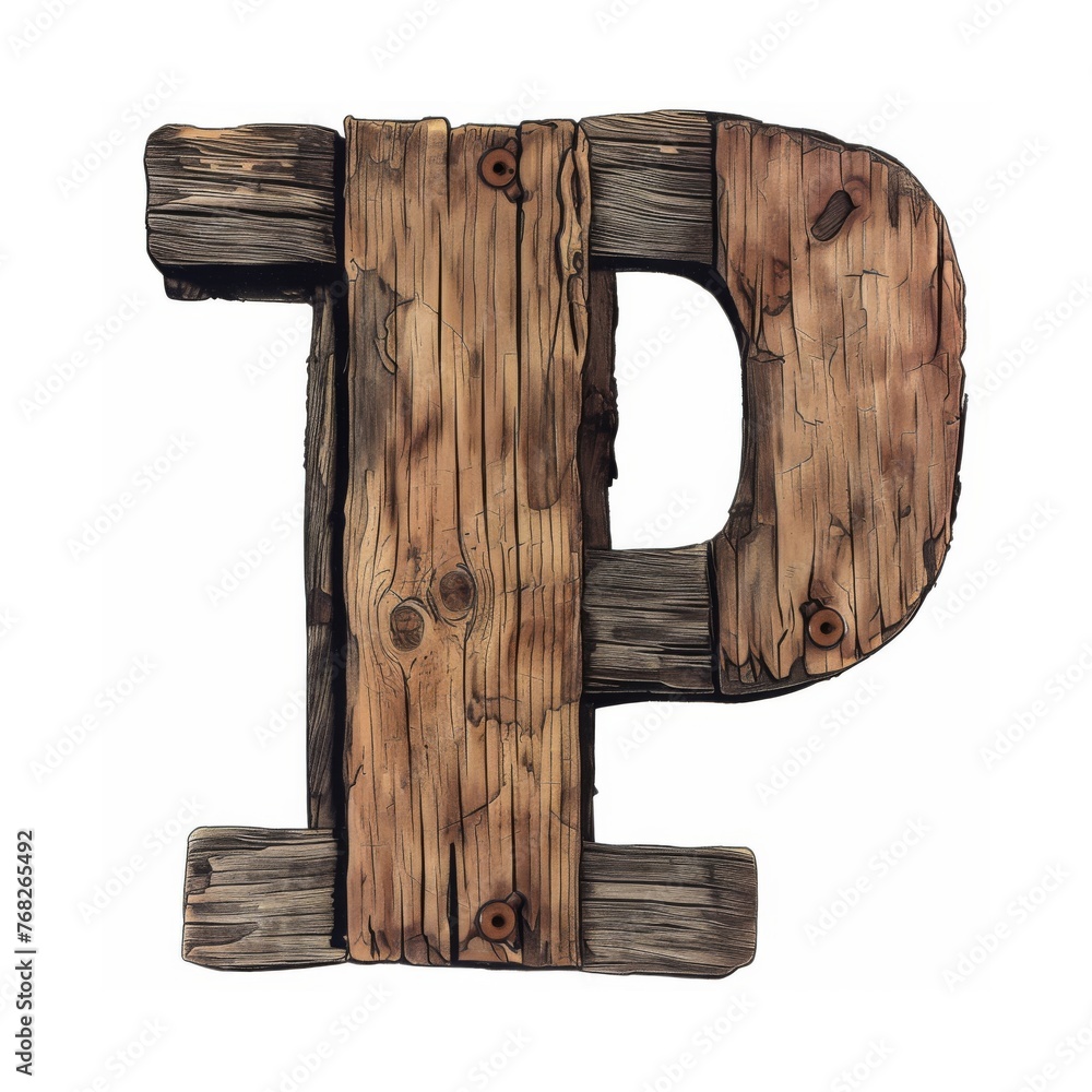 Rustic wooden letter P on white background. Crafted from a single piece ...
