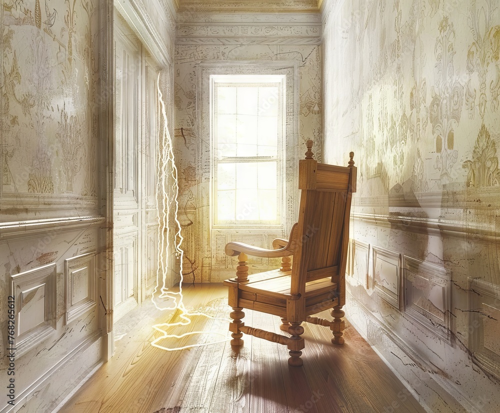 Illustration of an electric chair in an abandoned room, engulfed in ...