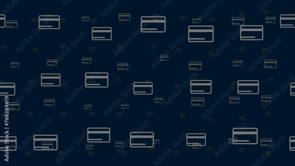 Credit card symbols float horizontally from left to right. Parallax fly ...