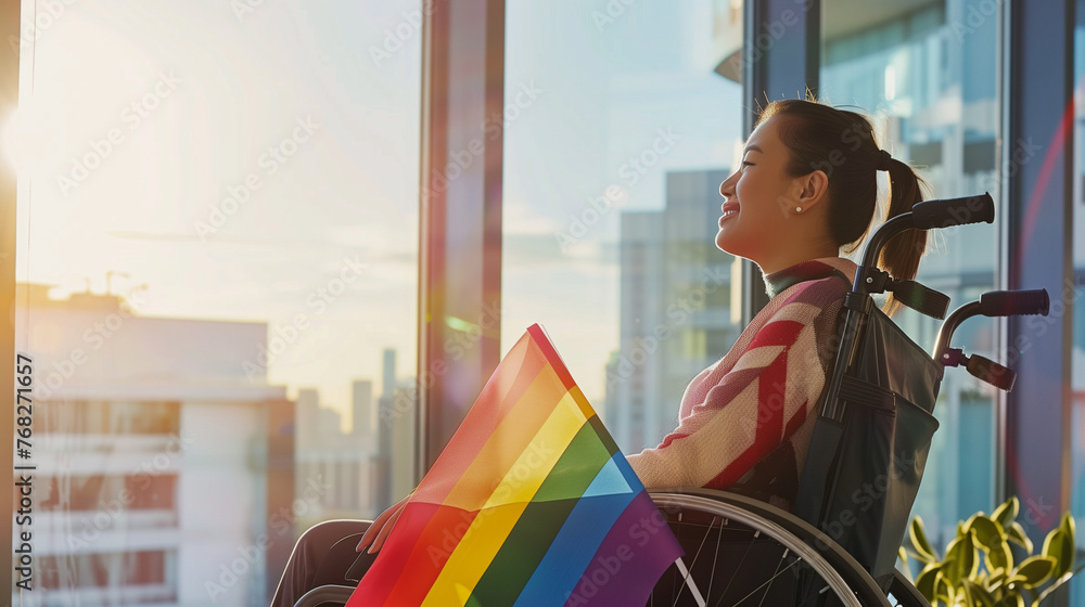 Happy disabled asian female businesswoman in wheelchair celebrating gay ...