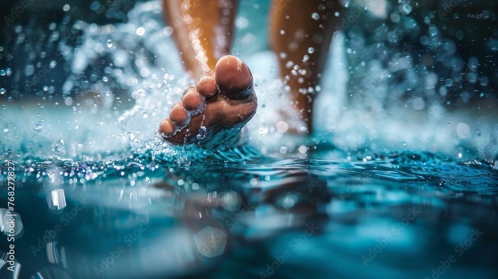 Detailed close-up of a swimmer's feet kicking vigorously beneath the ...