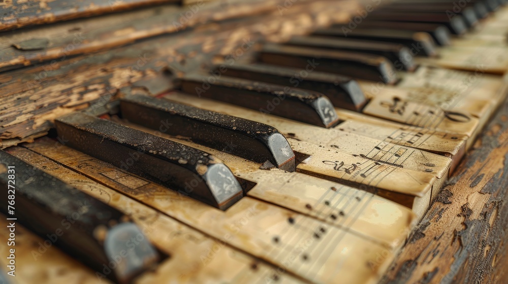 Surrounded by nostalgic sheet music, a vintage piano keyboard adorned ...