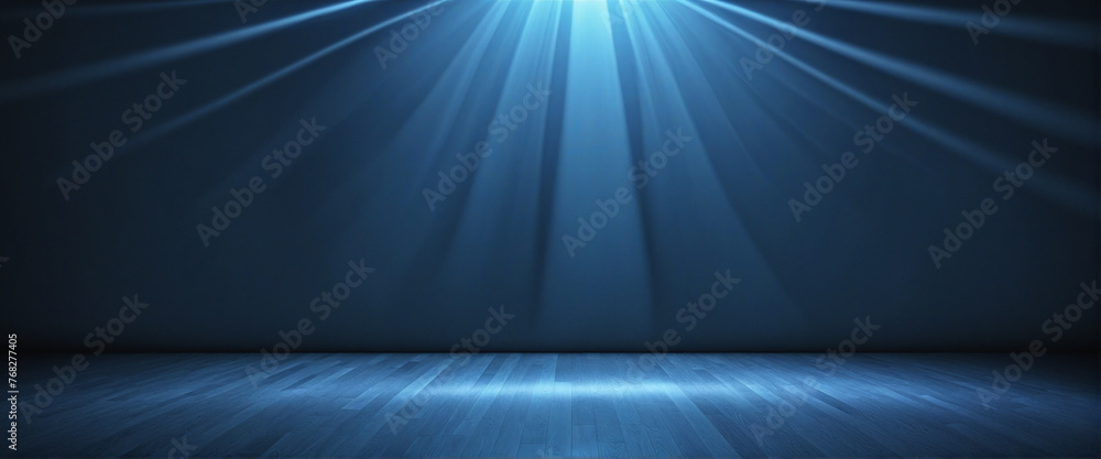Dark blue background glowing light blue ray spotlight stage studio ...