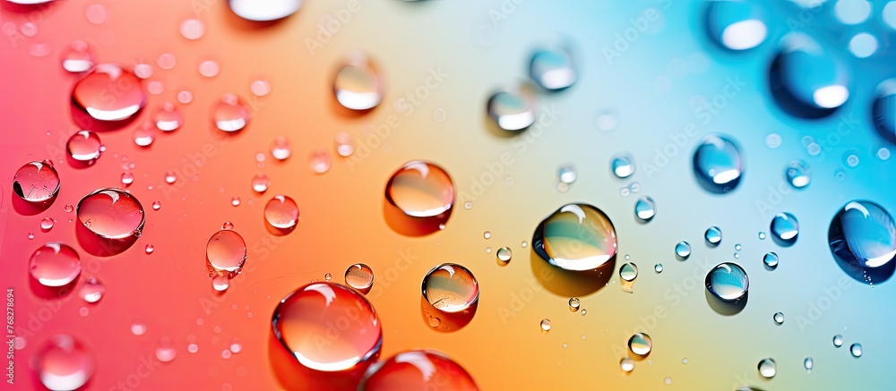 Fluid drops of water scatter across a vibrant background, resembling ...